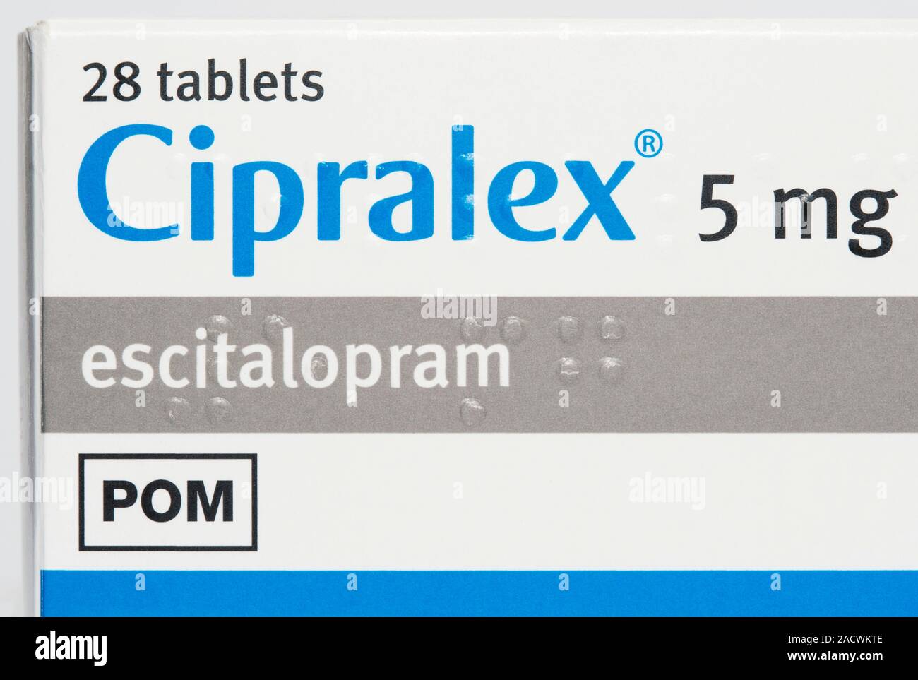 Cipralex antidepressant drug. Box containing tablets of escitalopram, marketed under the name ...
