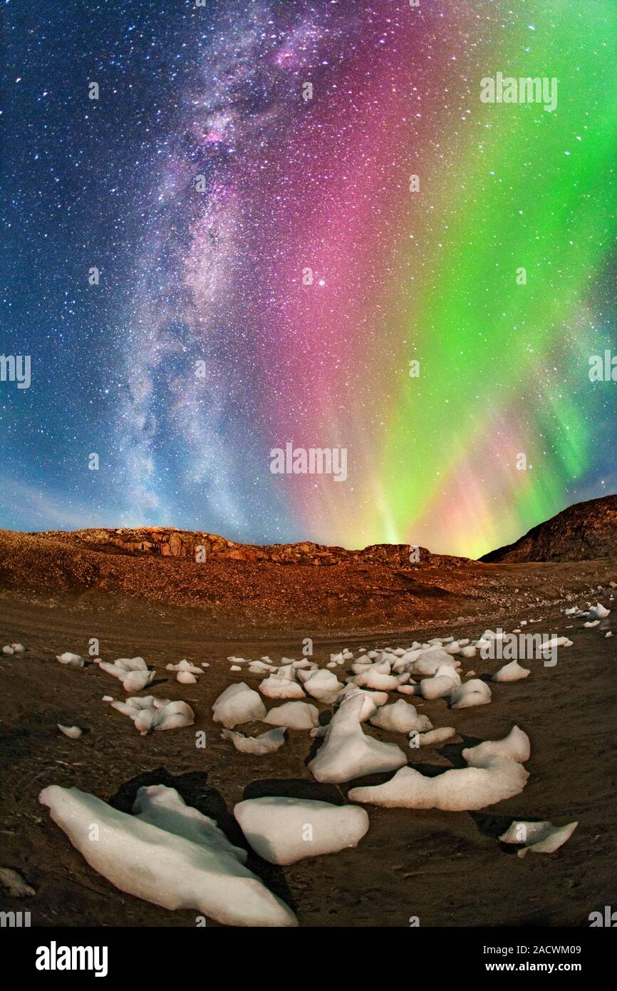 Auroral display (aurora borealis) and Milky Way Qaleraliq, Greenland ...