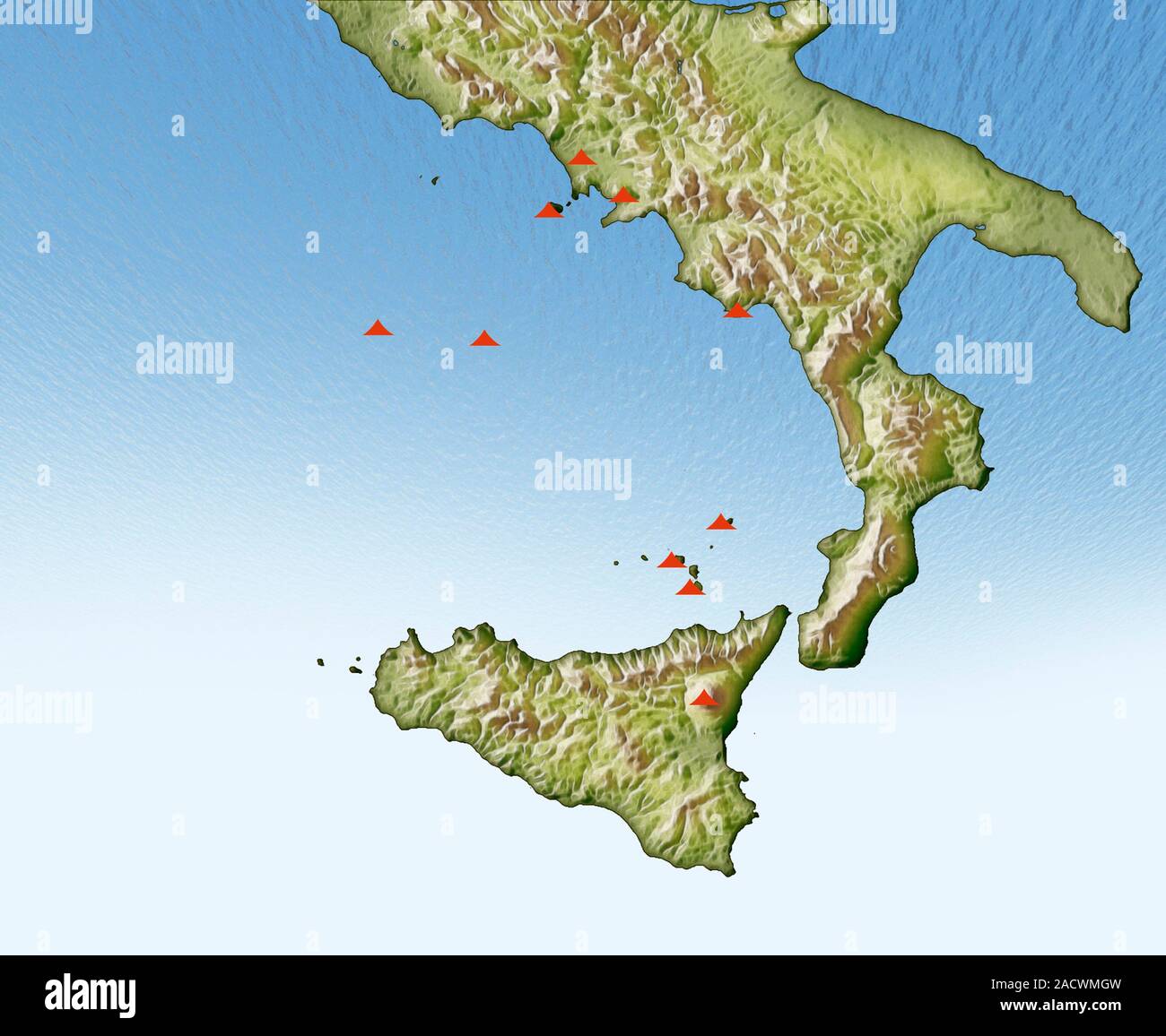 Volcanoes in Italy, illustrated map. North is at top. This map shows ...