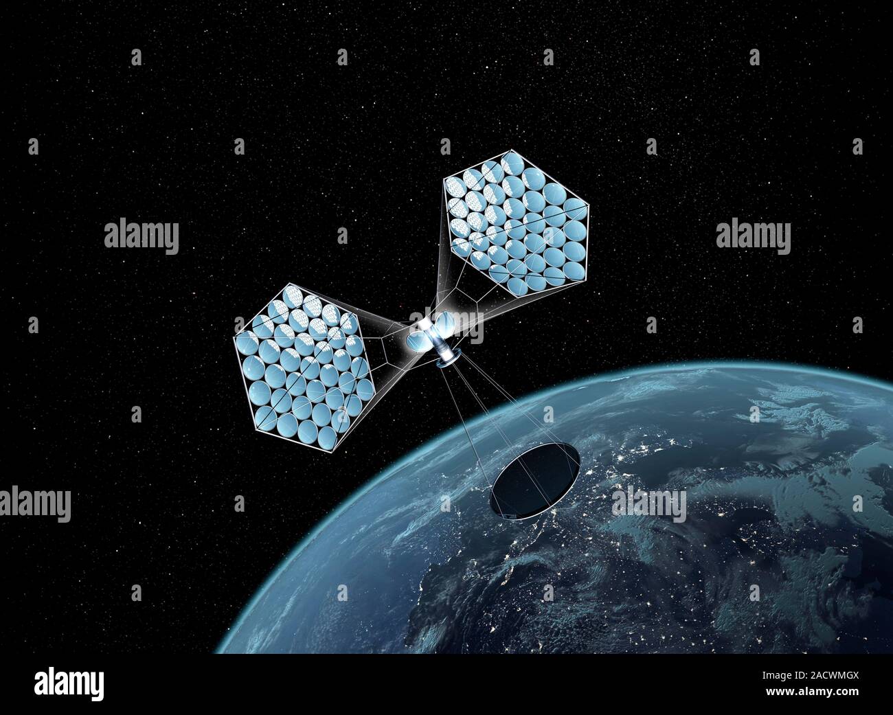 JAXA solar power orbiter. Artwork showing the orbiting solar power ...