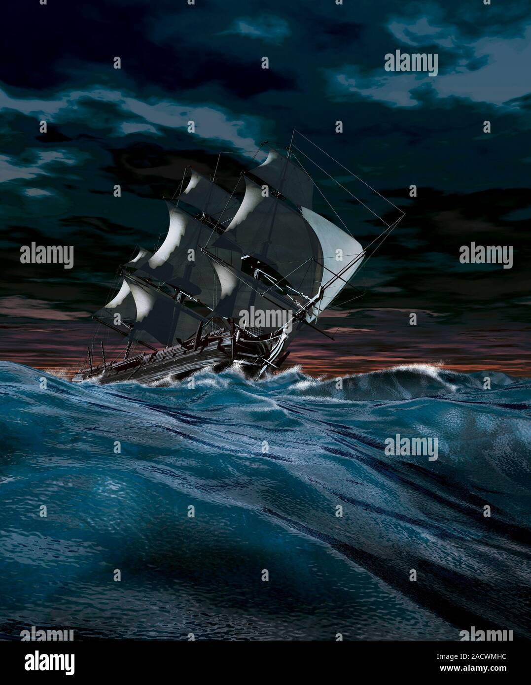 Sailing ship in rough weather. Artwork of a large three-masted square ...