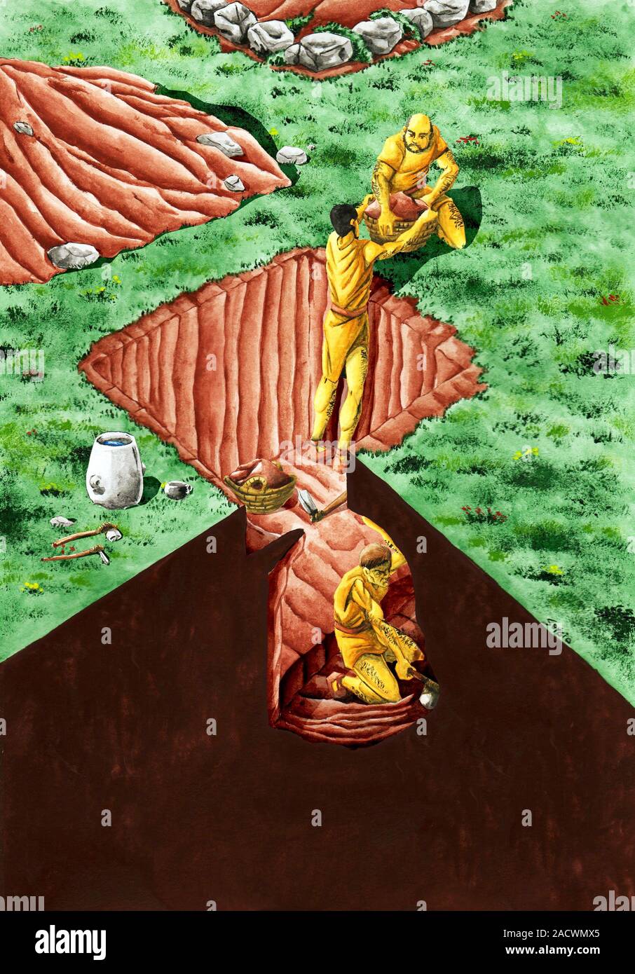 Neolithic burial pit. Artwork of Neolithic peoples starting the ...