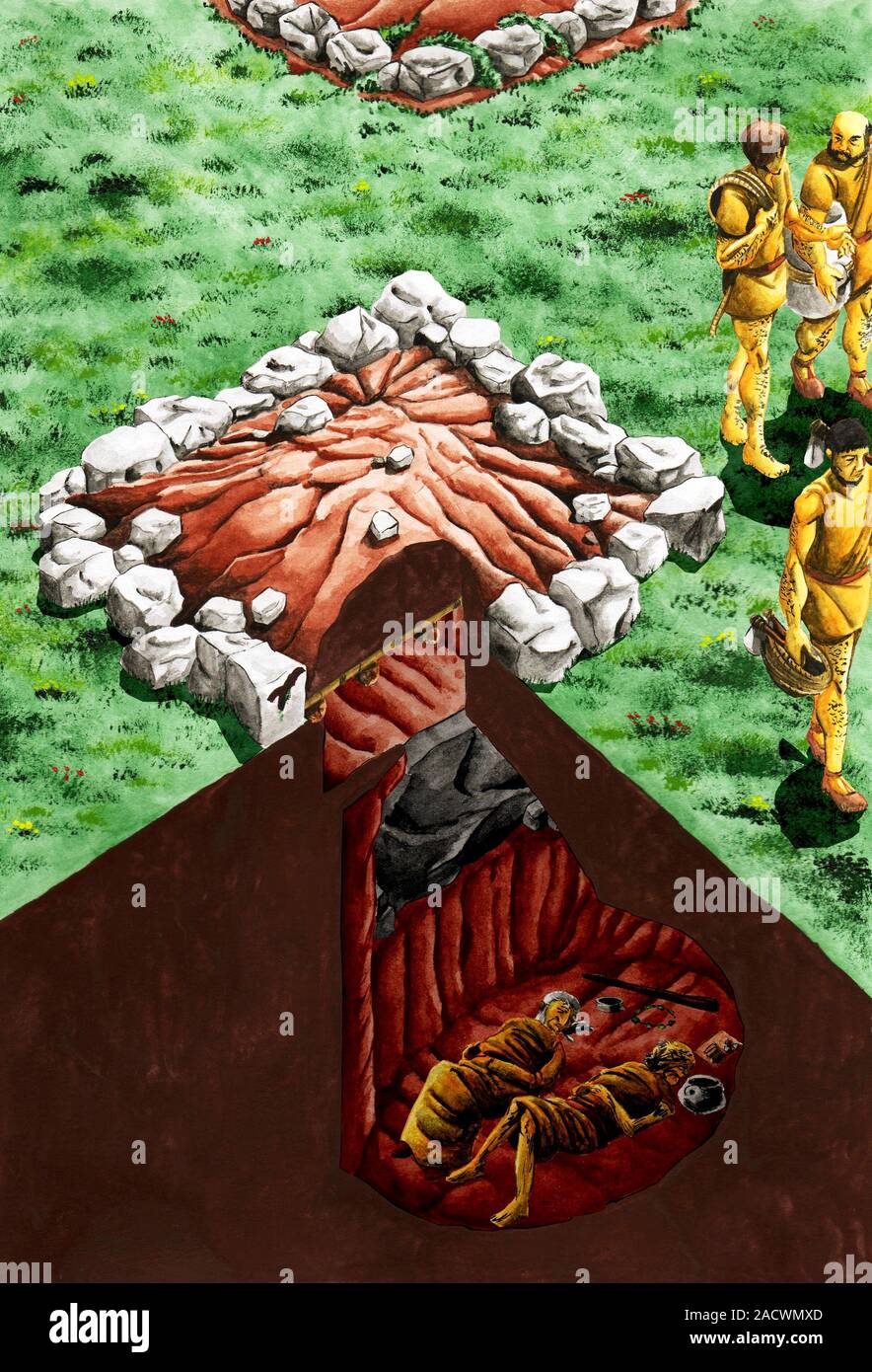 Neolithic burial pit. Artwork of Neolithic peoples walking away from a ...