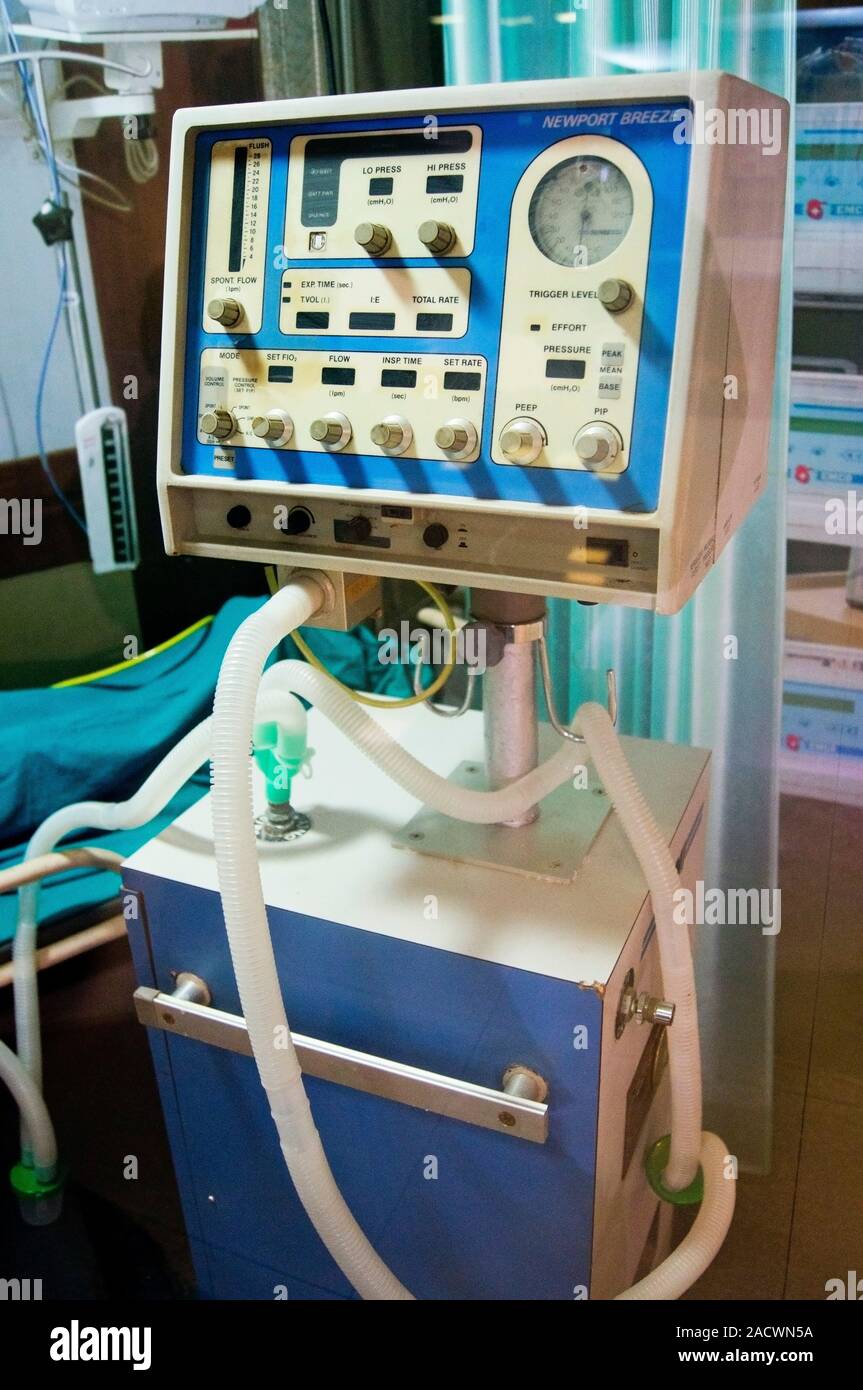 A Newport Breeze respiratory ventilator on display at the Nehru Science ...