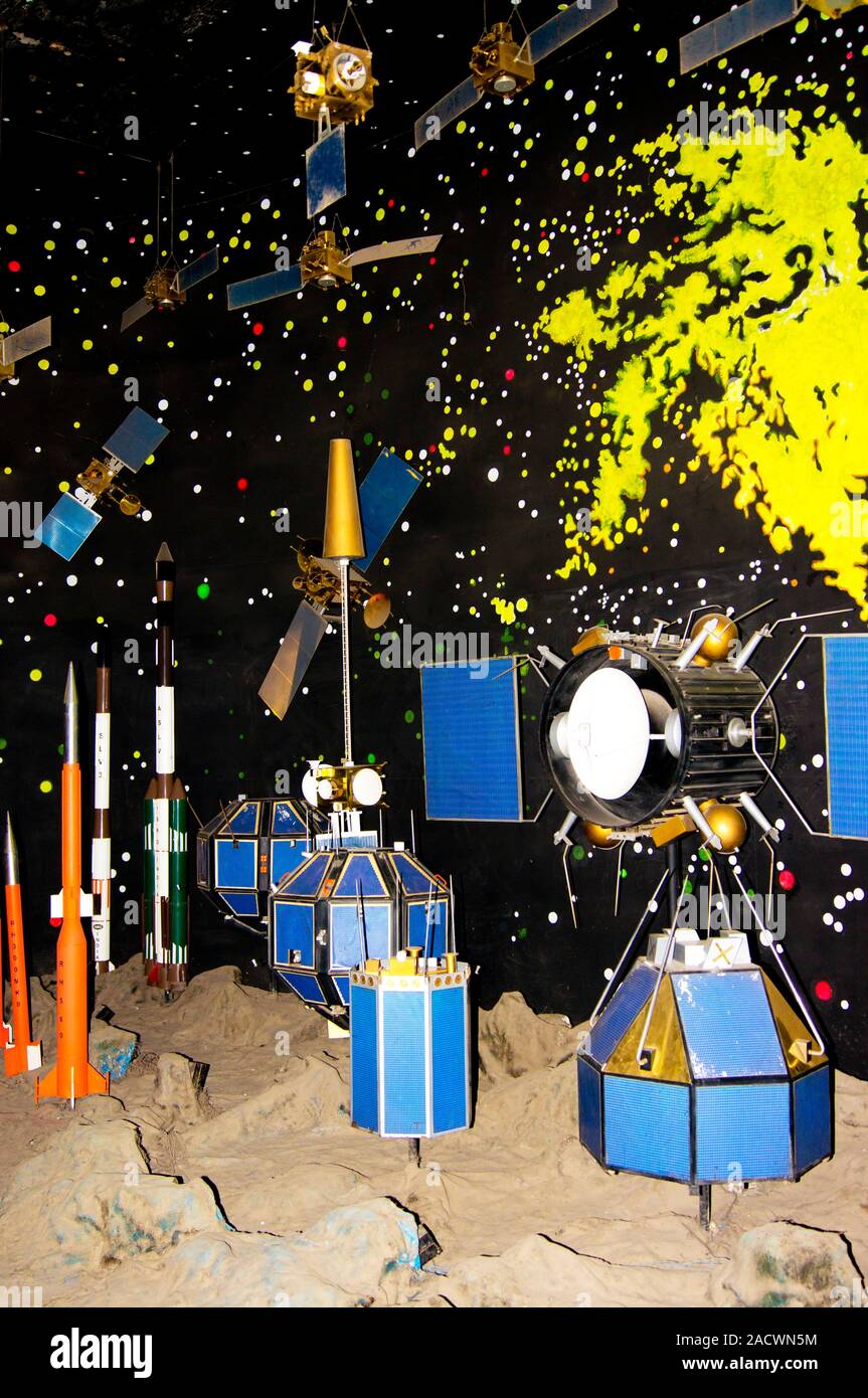 A display of Indian satellites and rockets at the Nehru Science Centre ...