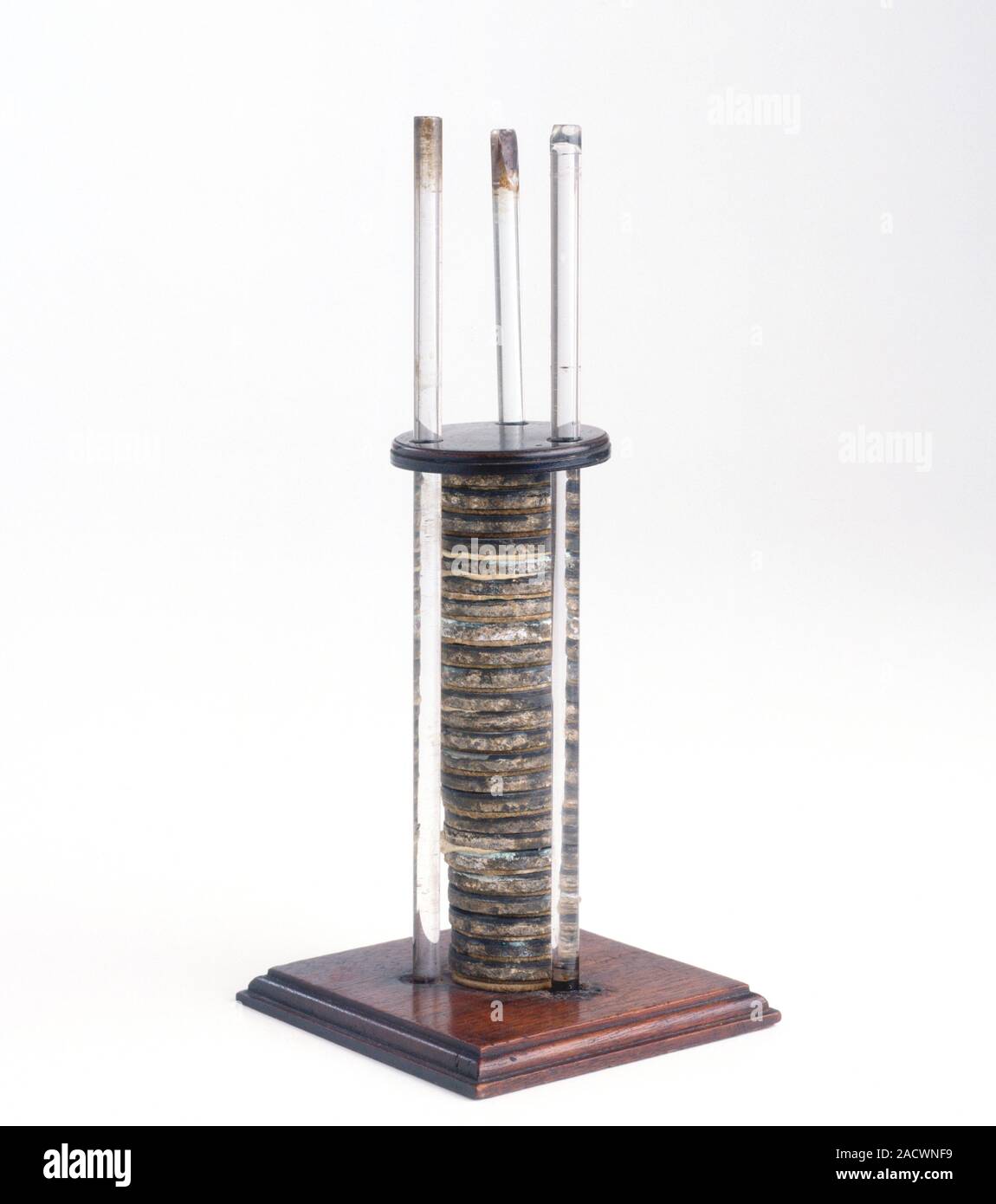 Replica of the Voltaic pile invented by Alessandro Volta, 1800 Stock ...