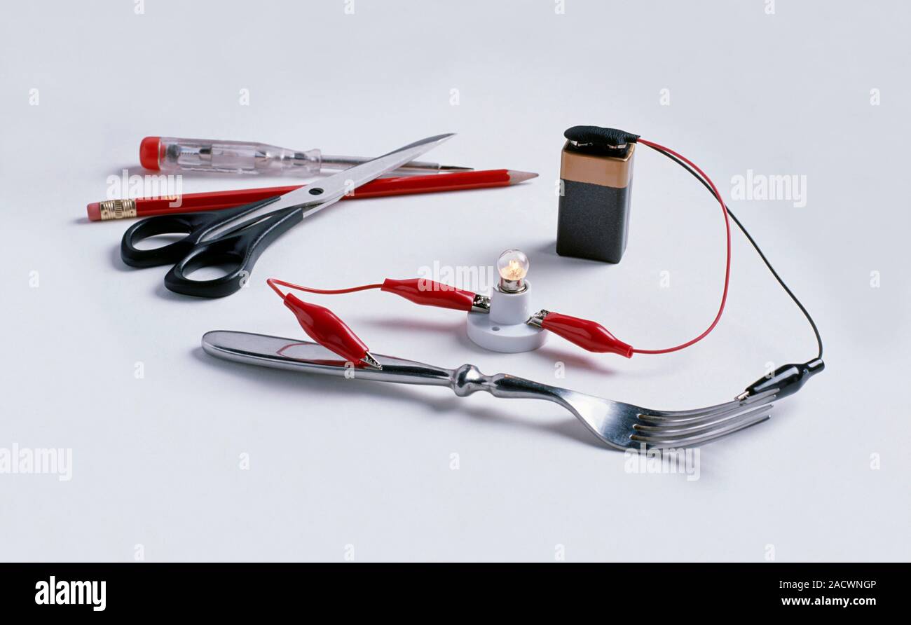 Circuit created using battery, wires, crocodile clips, bulb, metal fork ...