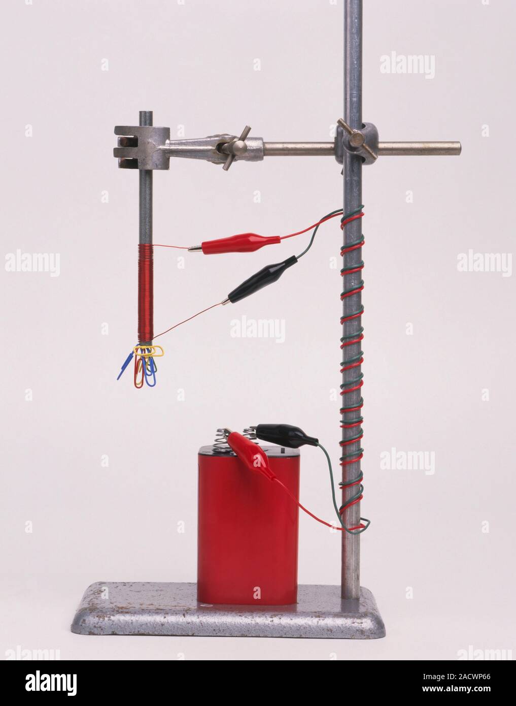 Electromagnetic experiment, battery connected to wires on clamp stand ...