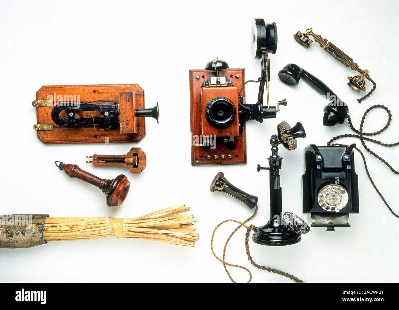 Collection of early telephones and telephone cables, including 19th ...