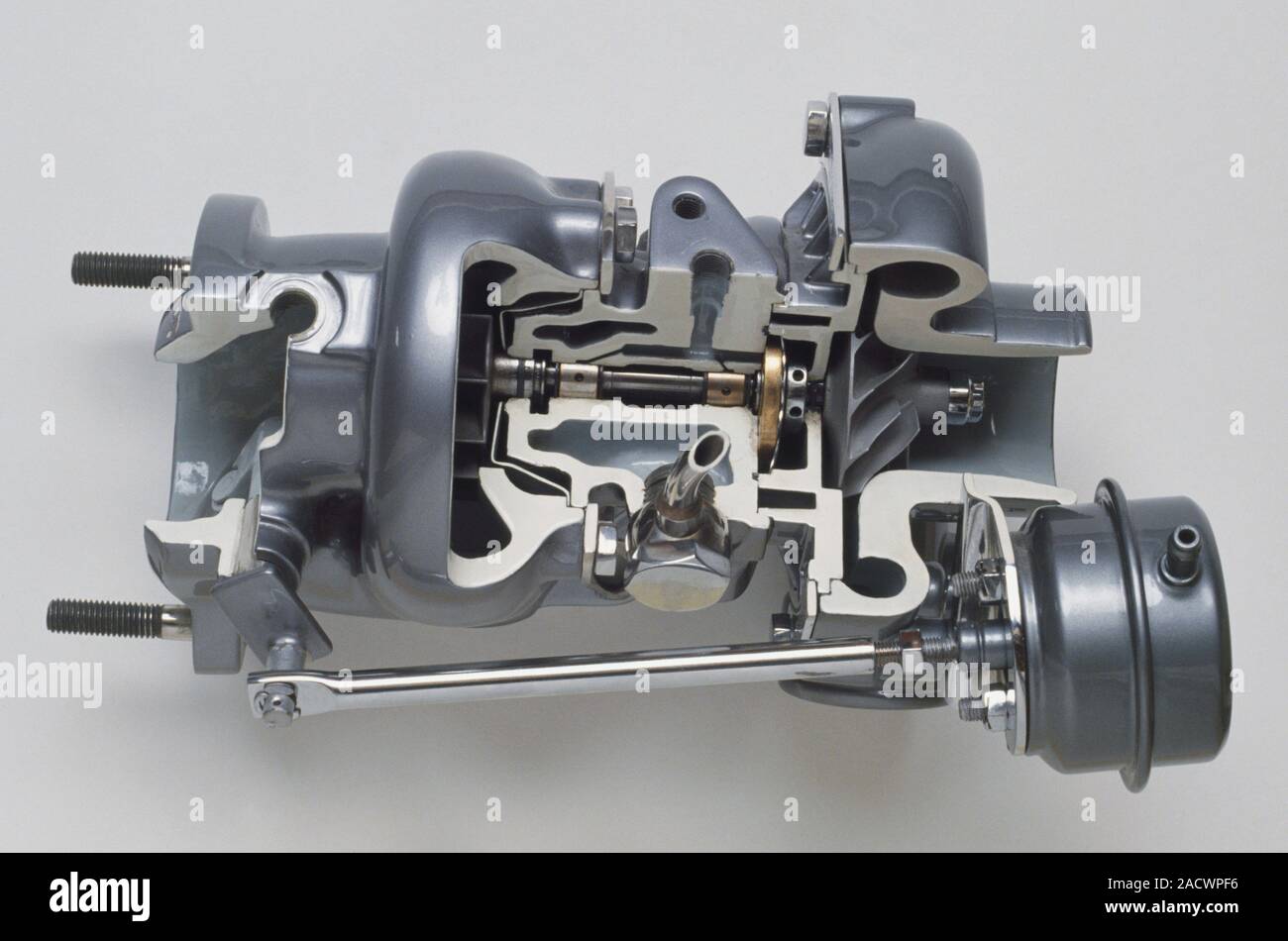 Sectioned modern turbocharger from an car engine showing the inner ...