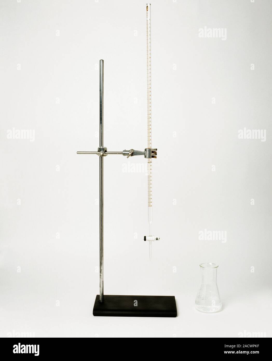 Clamp stand, burette and conical flask Stock Photo - Alamy
