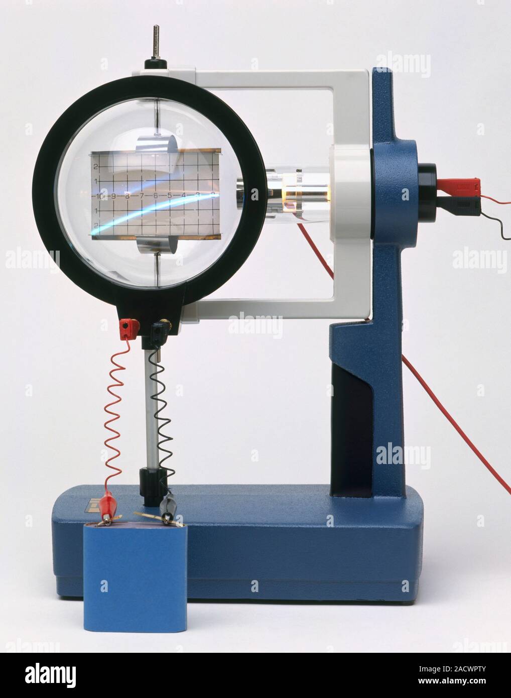 Experiment using cathode ray tube and battery, showing downward ...