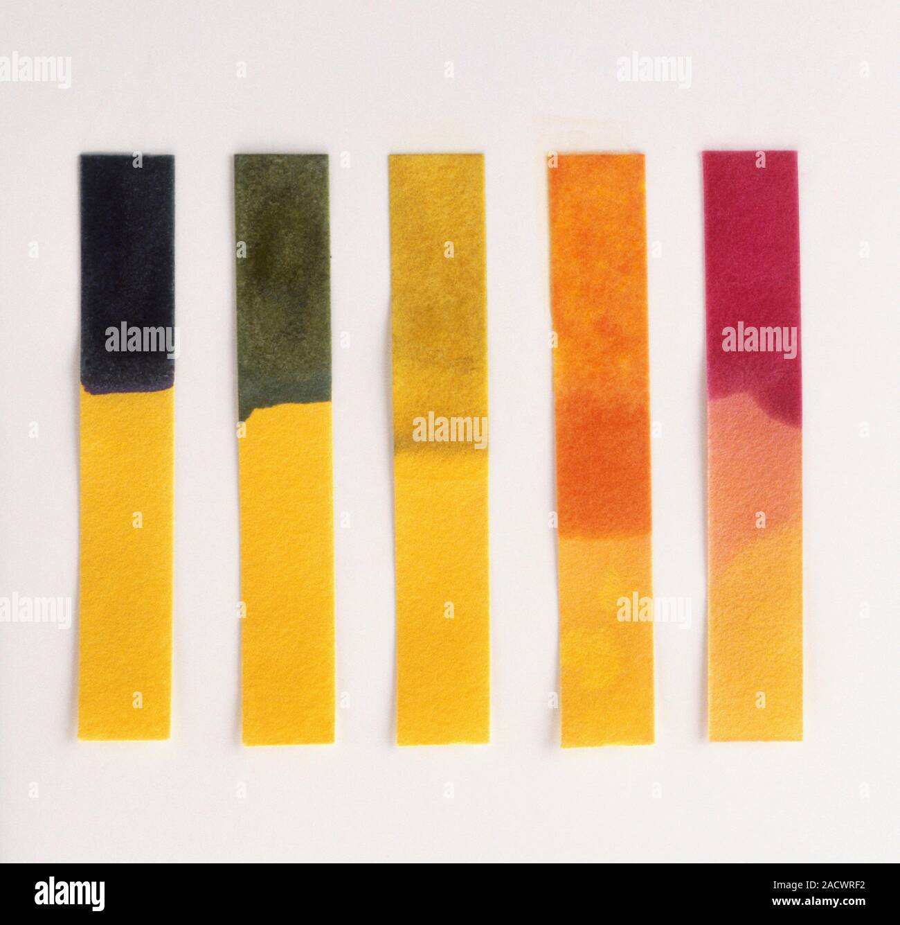 Differently coloured strips of universal indicator paper illustrating ...