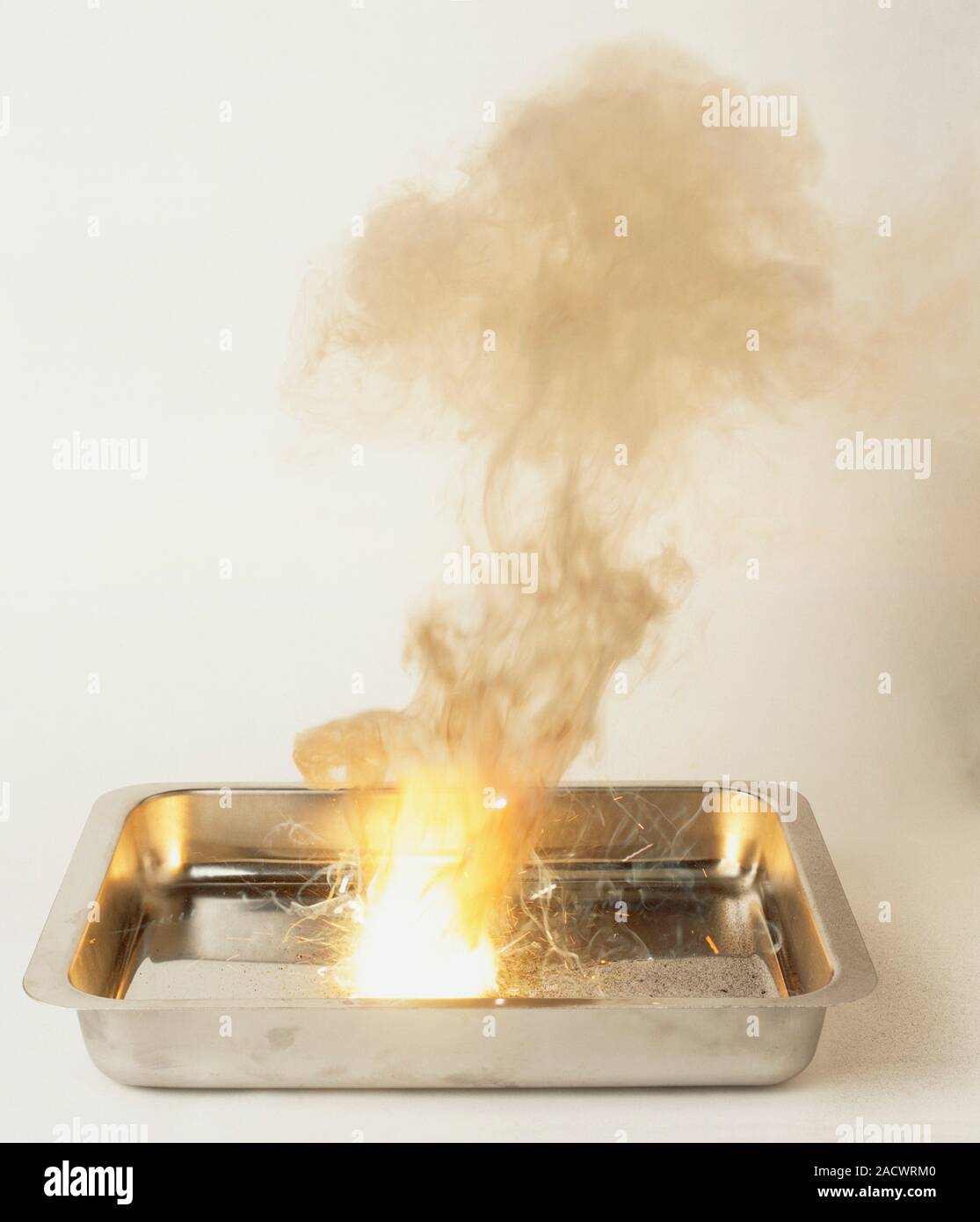 Metal tray with explosive thermite reaction occurring Stock Photo - Alamy