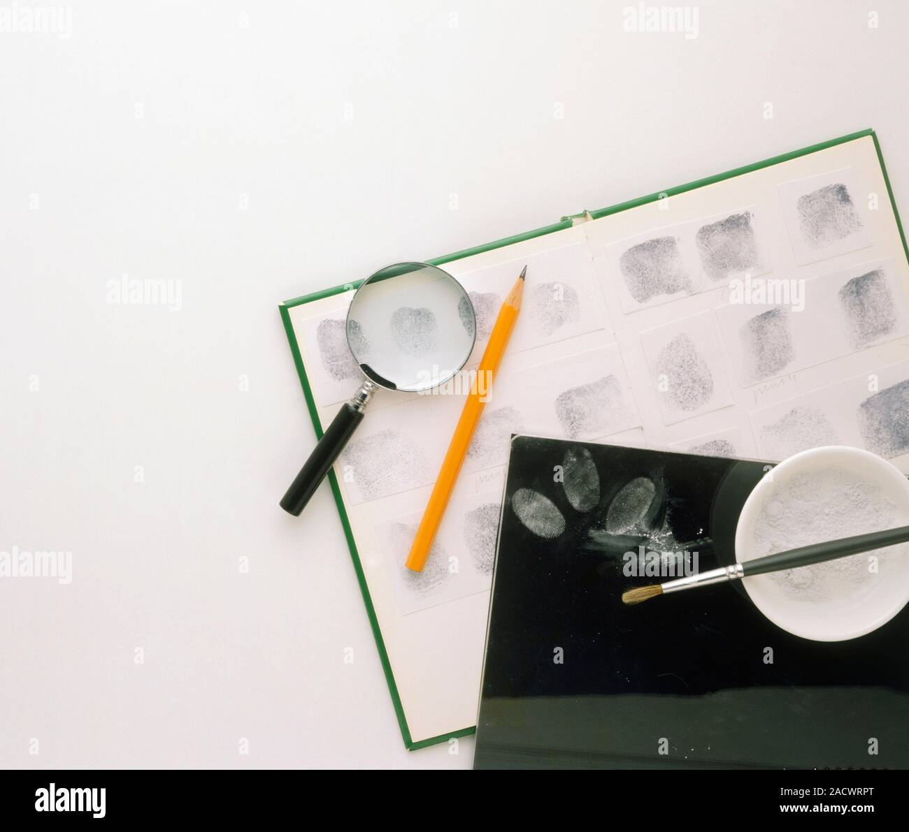 Magnifying glass, pencil, ink pad, talc, paintbrush, and notebook of ...