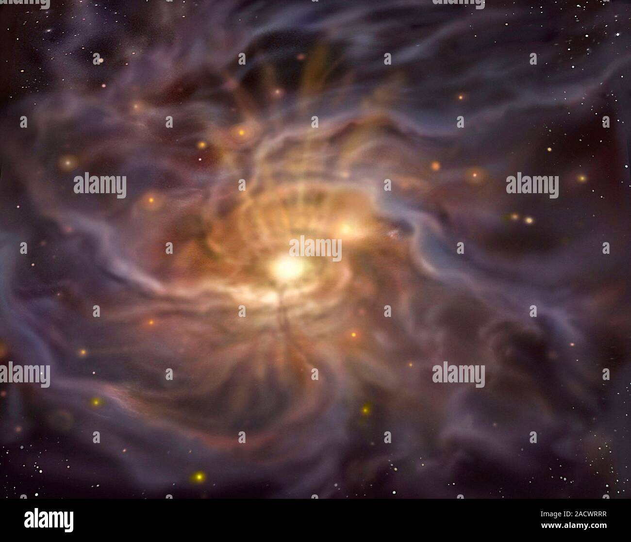 Massive starbirth region, artwork. Stars forming from a collapsing ...