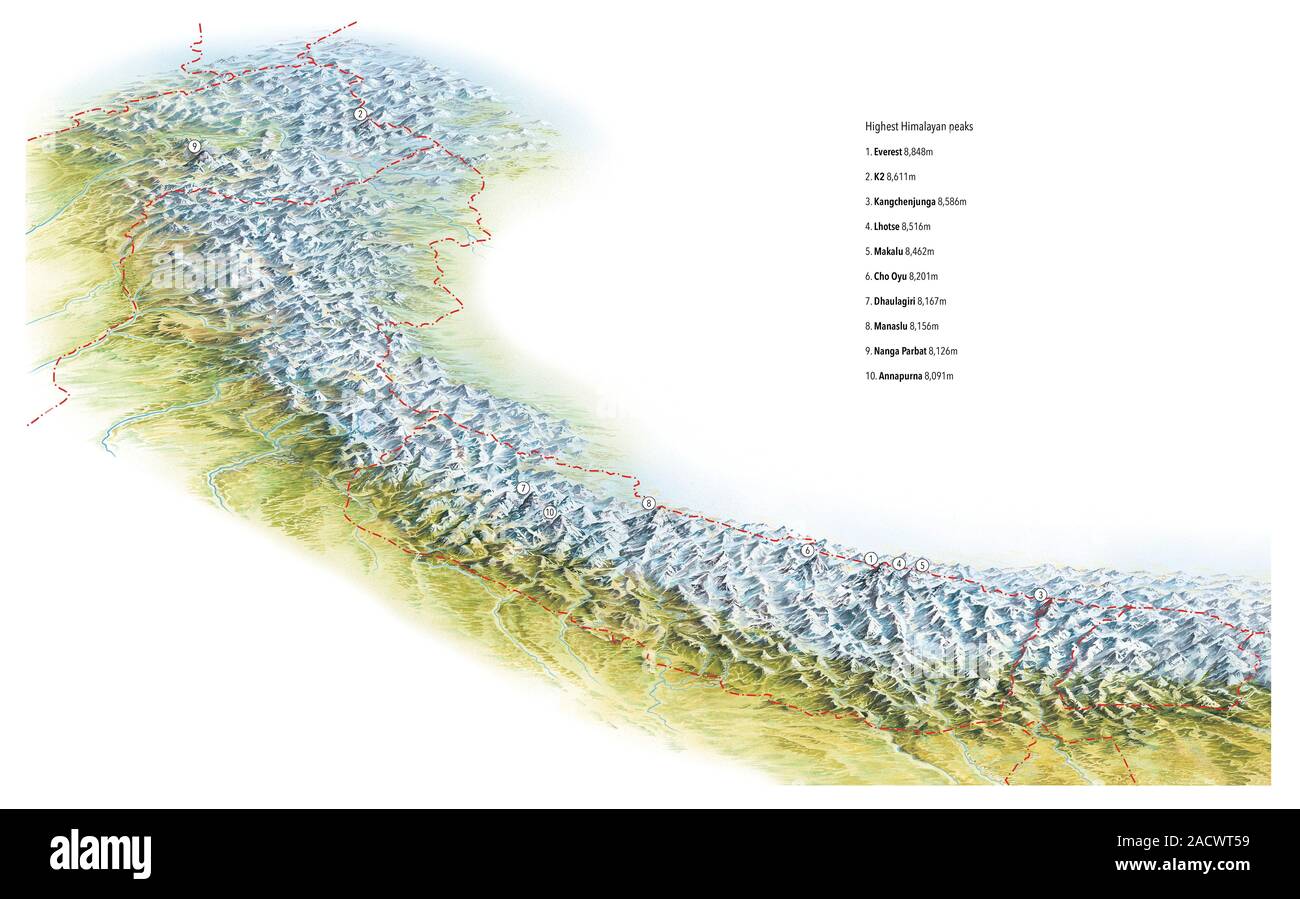World's ten highest mountains, labelled on a relief map of the ...