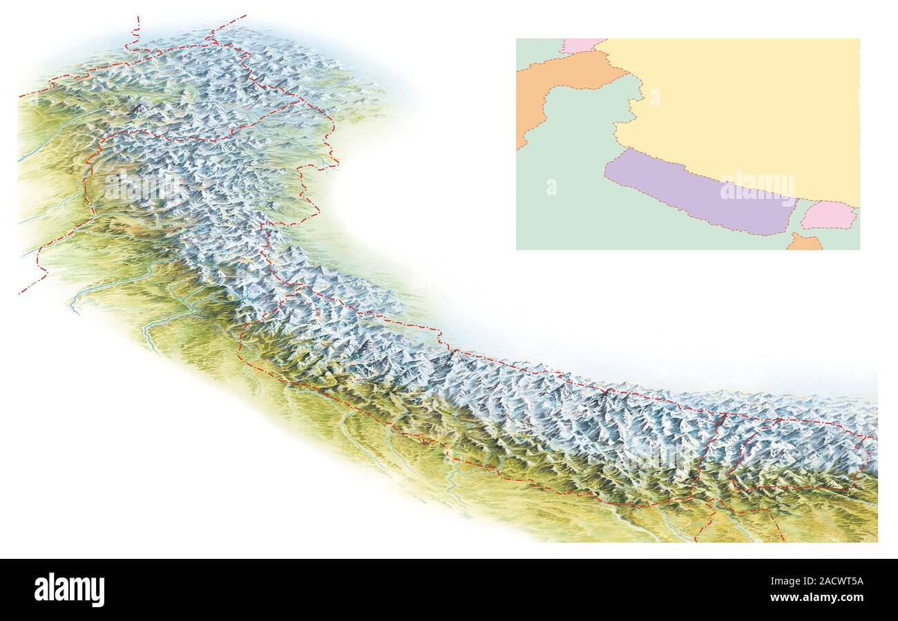 Map of the Himalayas. National boundaries (red dotted lines) on a ...