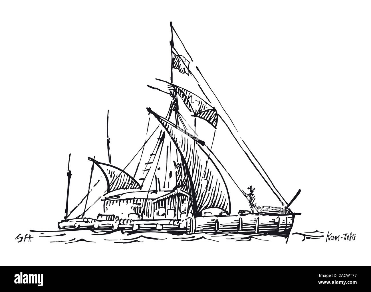 Kon-Tiki balsa raft, artwork. This raft was used in a 1947 expedition ...