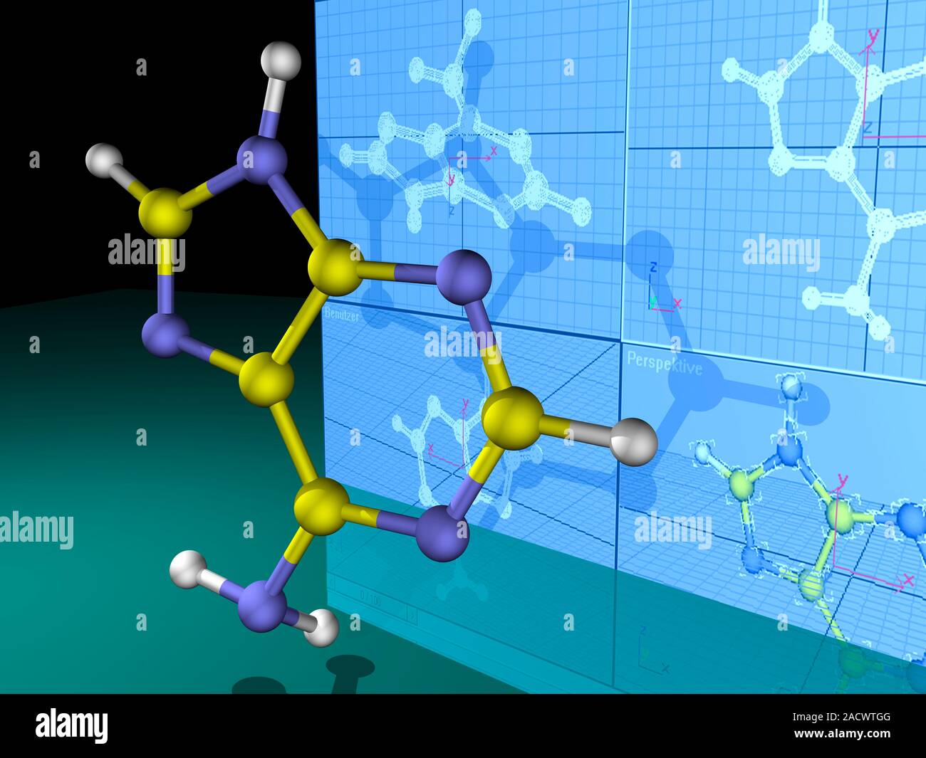 Artwork representing computer-aided molecular design. Depicted is an ...