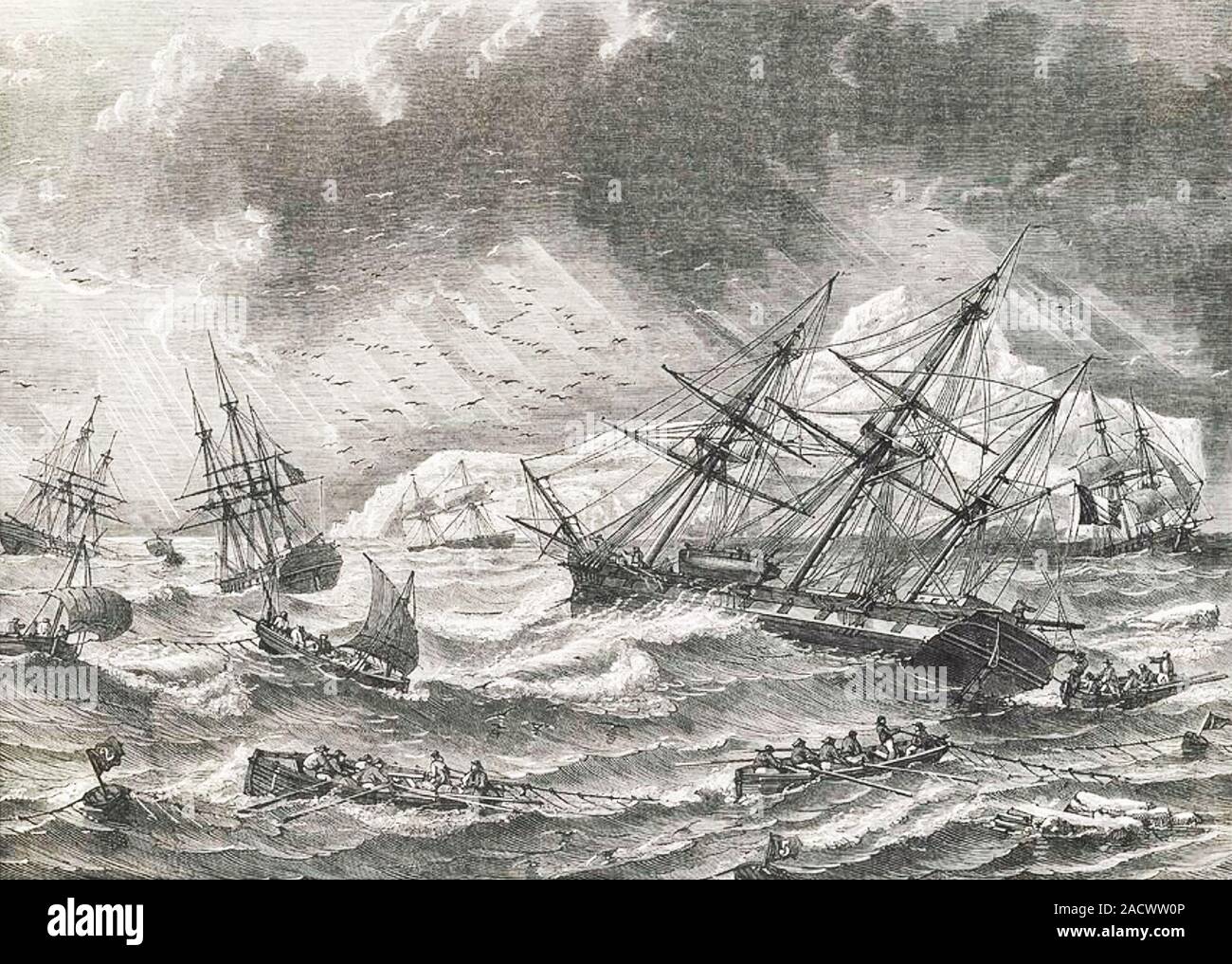 COD FISHING on the Grand Banks of Newfoundland, about 1840 Stock Photo ...