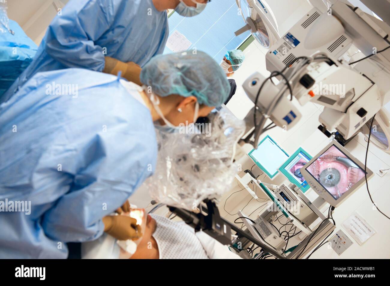 Keraflex eye operation. Surgeons carrying out an eye operation to ...