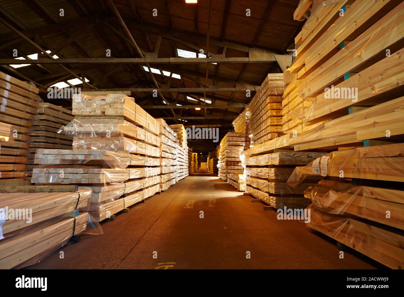 Timber planks stacked in large industrial wood shed with side loader ...