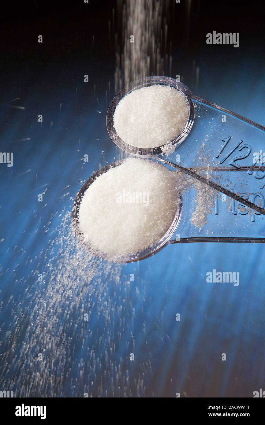 Salt intake. Measuring spoons showing 1.5 teaspoons of table salt ...