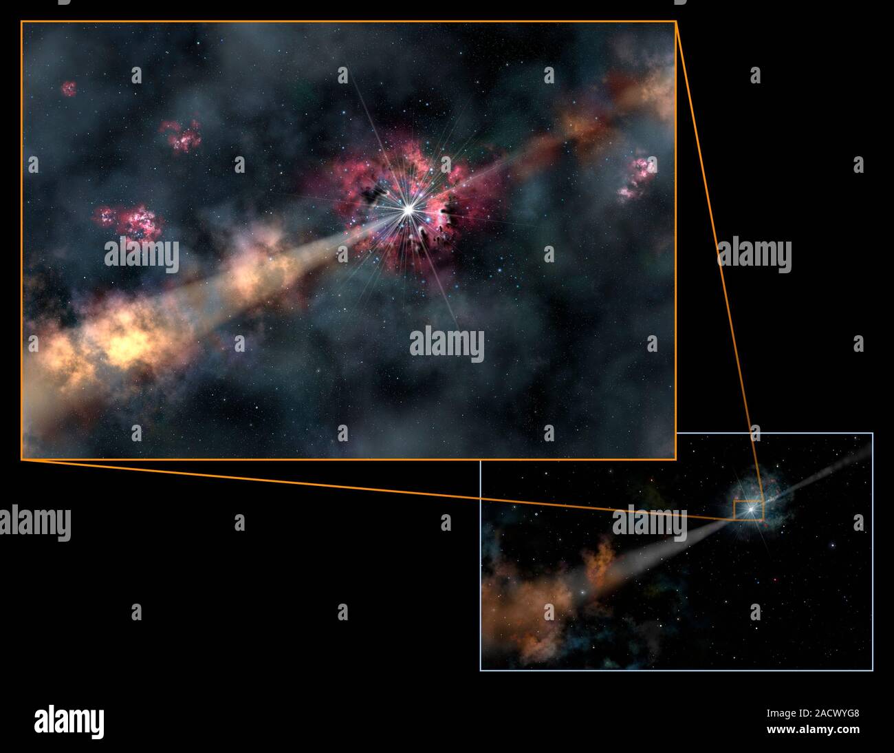 Gamma-ray burst (GRB), artwork. GRBs are massive short-lived bursts of ...