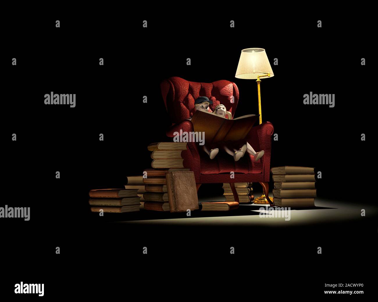 Children reading at night. Artwork of young children reading by lamp ...