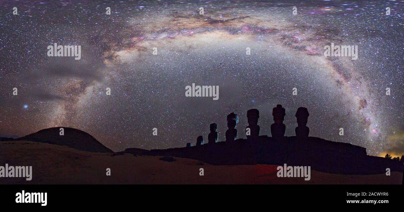 Easter Island moai and Milky Way. Panoramic view of the arch of the ...