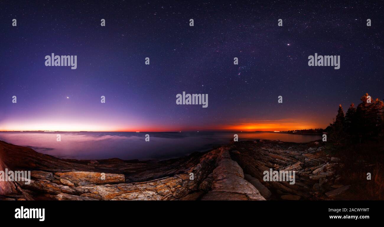 Night sky over an Atlantic coastline. 360-degree horizontal panorama of ...