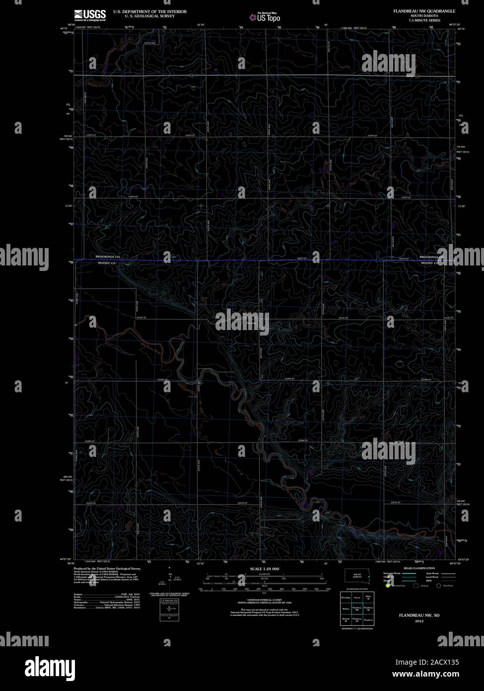 USGS TOPO Map South Dakota SD Flandreau NW 20120608 TM Inverted ...