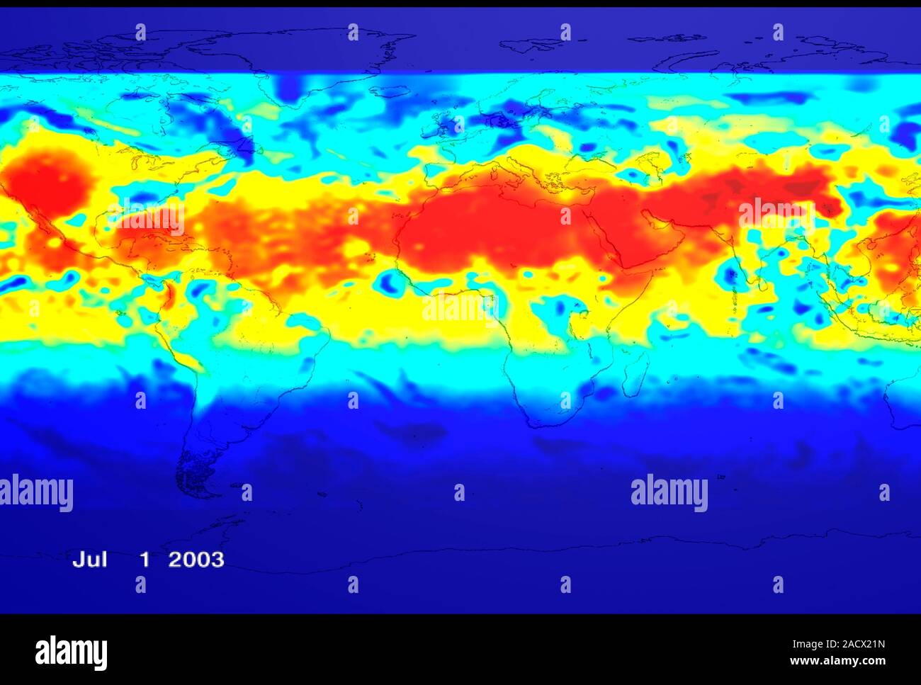 Composite coloured satellite image of ground level ultraviolet (UV ...