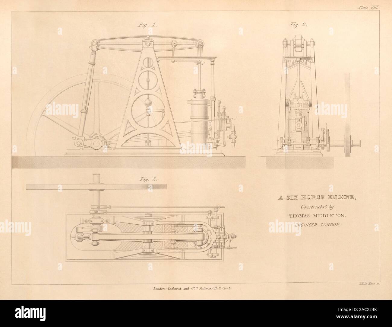 Steam engine design. 19th-century artwork of a 6-horsepower steam ...
