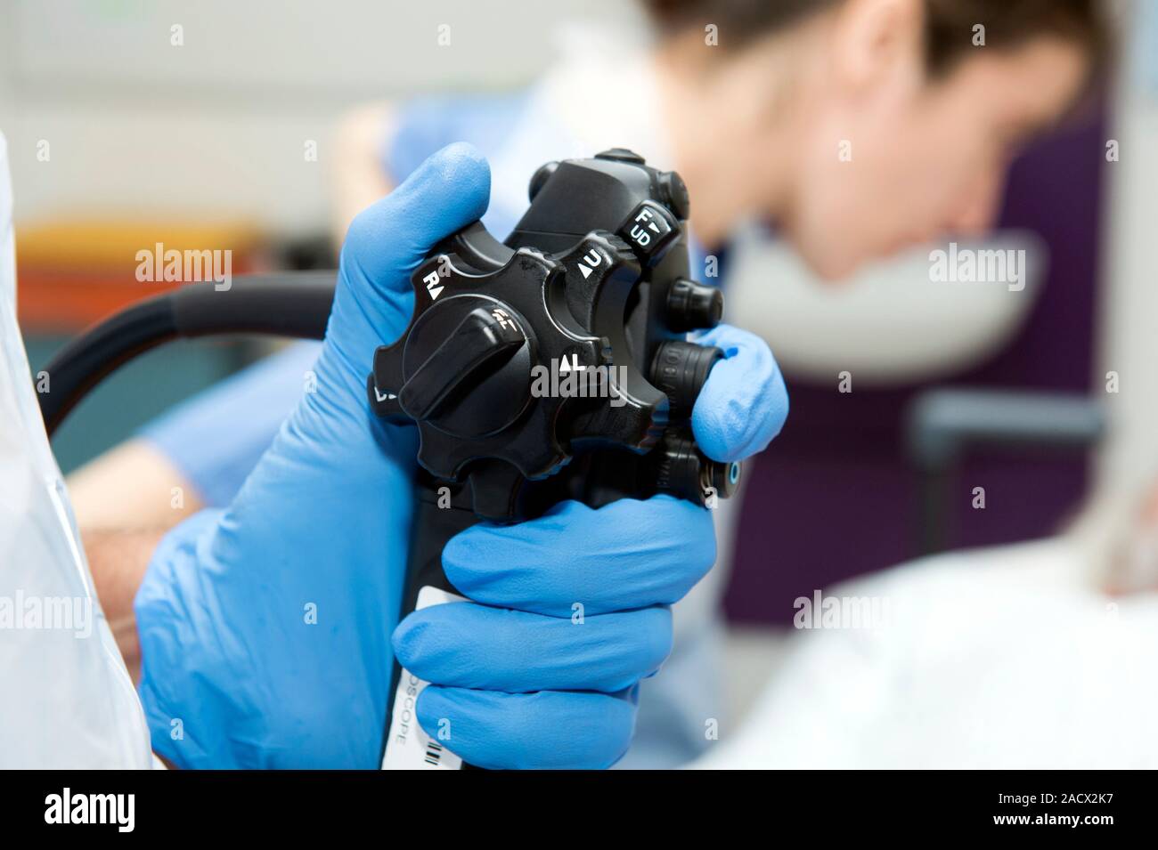 Close-up of the controls of an endoscope, which is a flexible camera ...