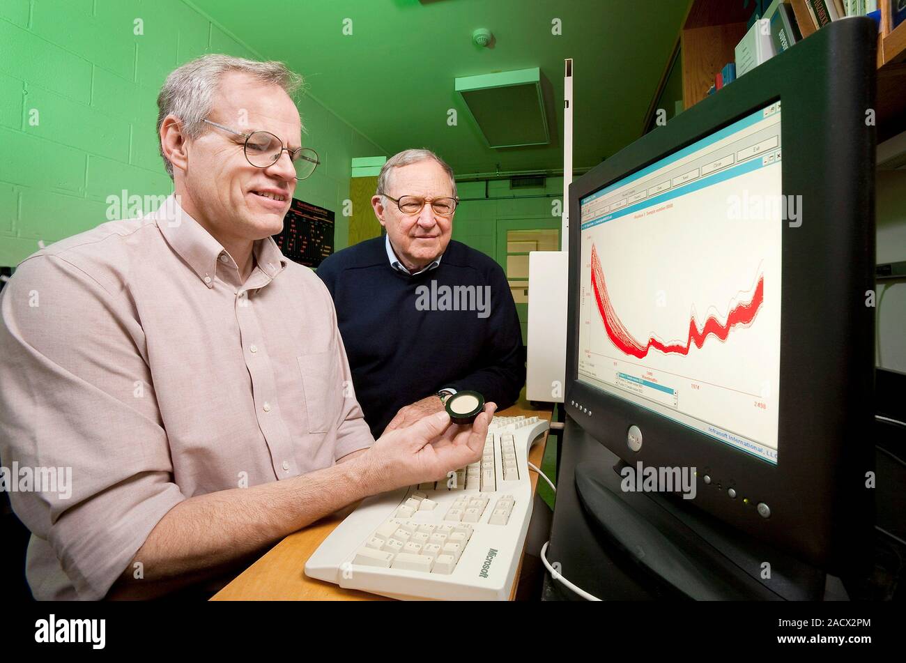 Switchgrass biofuel research. Geneticist (background) and technician ...