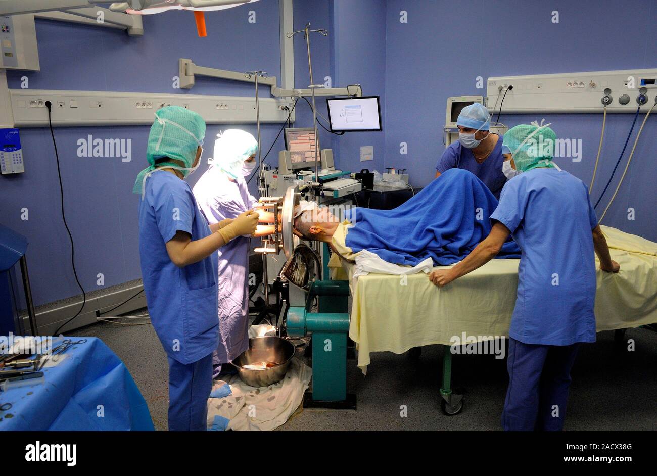 Parkinson's disease brain surgery. Patient just after surgery to ...