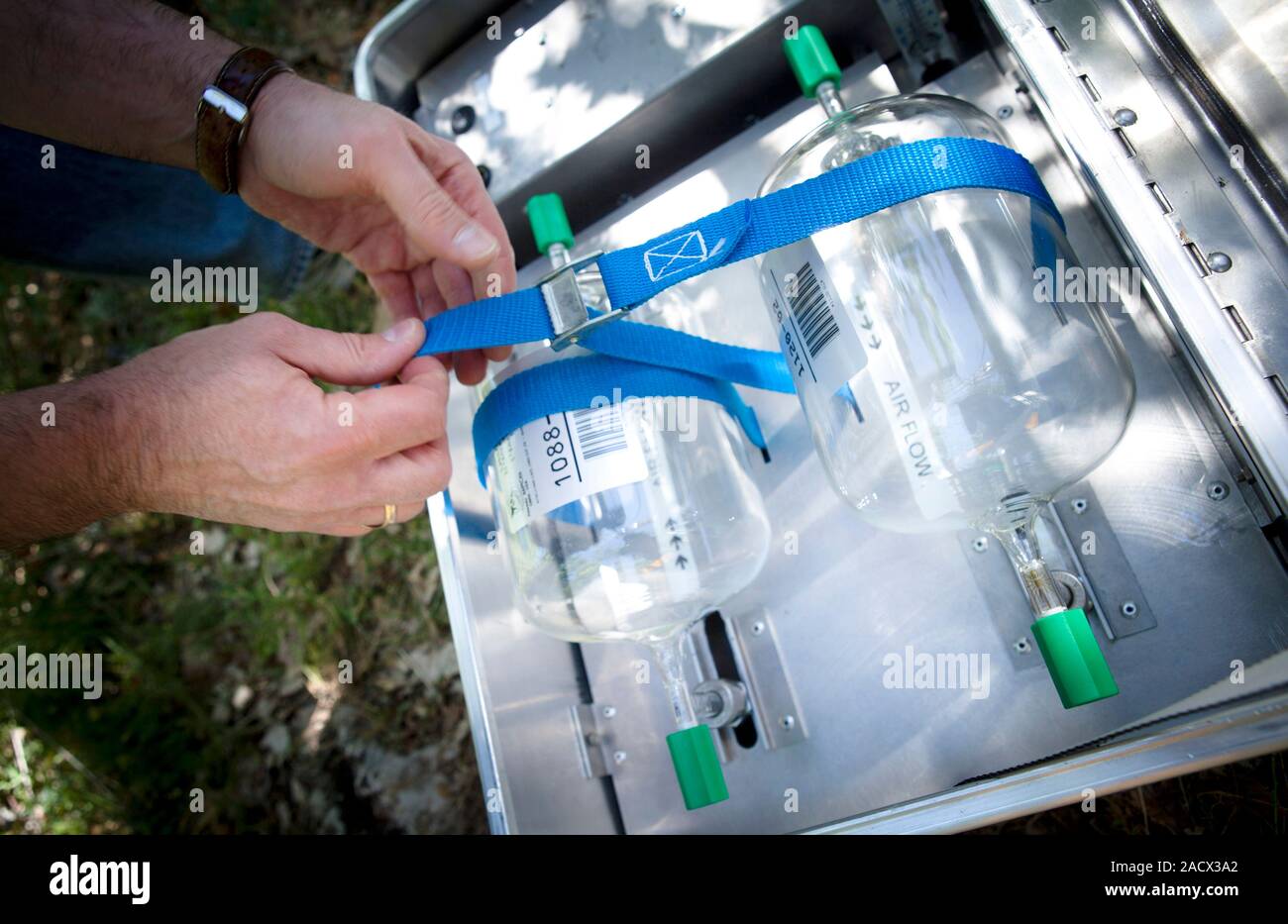 Treetop climate research. Close-up of an apparatus designed to sample ...