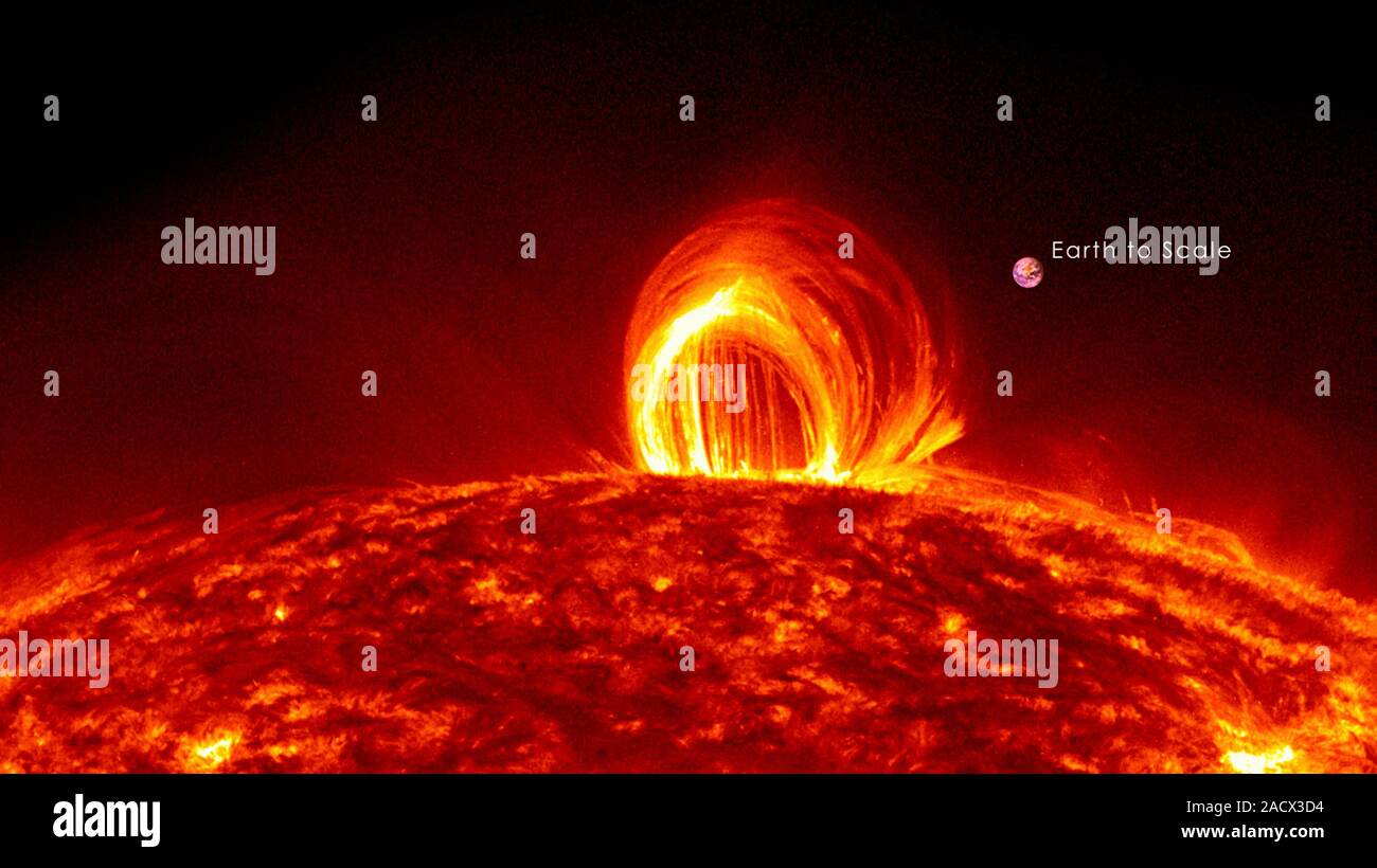 Solar plasma loops and Earth to scale. Extreme ultraviolet (UV ...