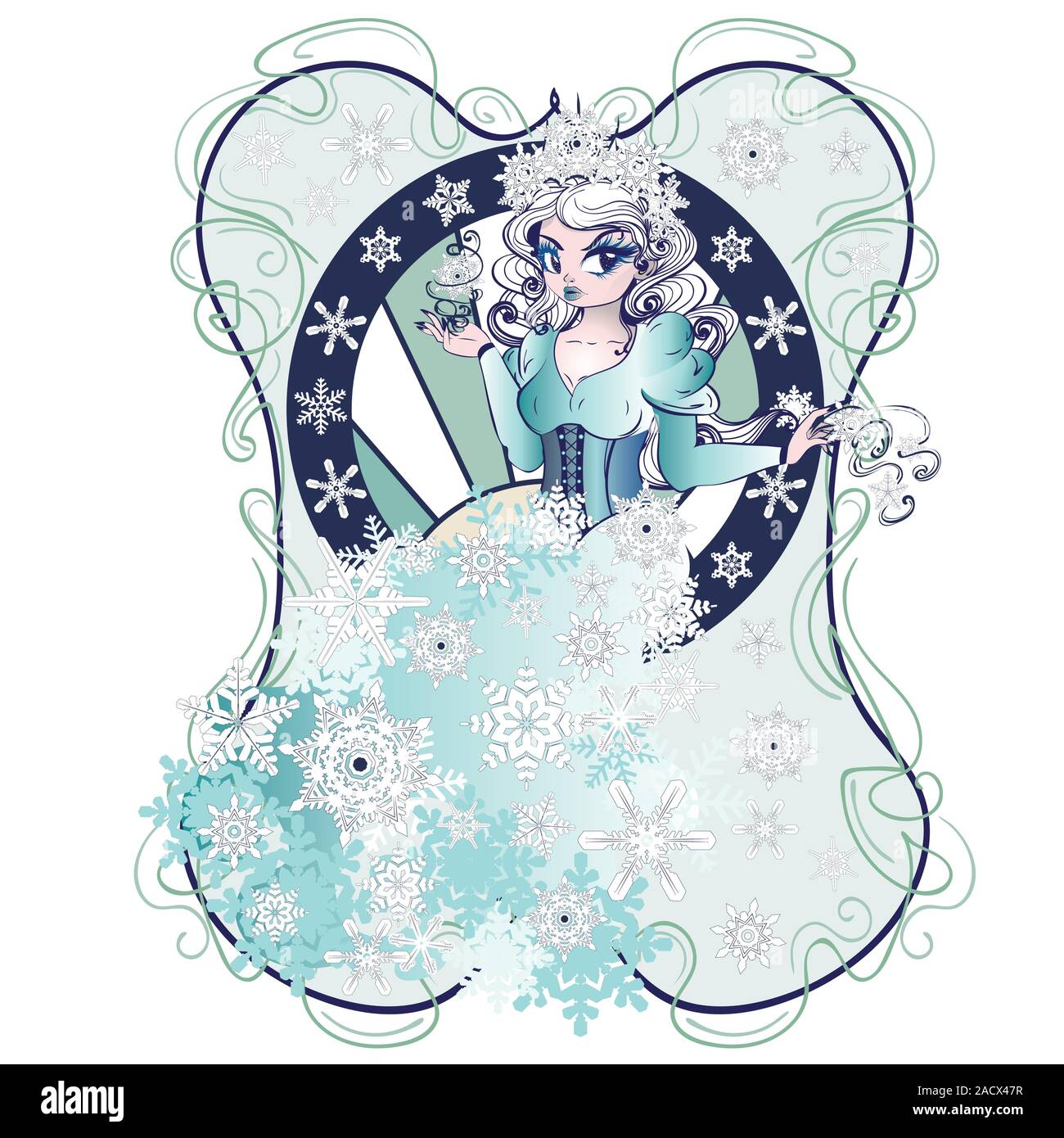 Cartoon snow queen with snowflakes, colorful vintage illustration Stock ...