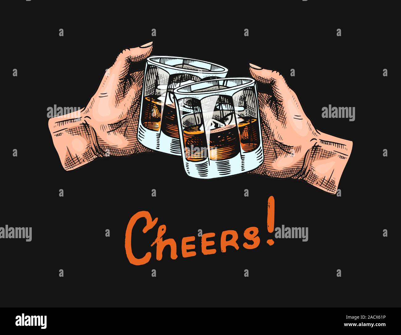 Cheers toast on a black background. A glass of whiskey in the hands ...