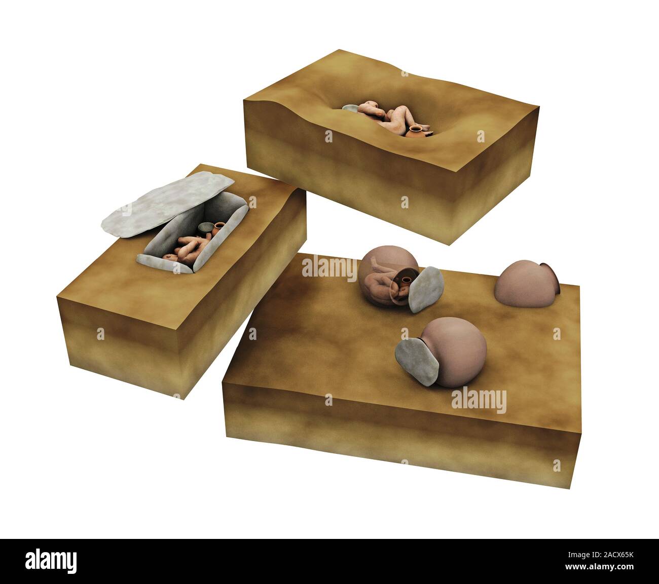 Prehistoric burial sites. Artwork of three types of burials known to ...