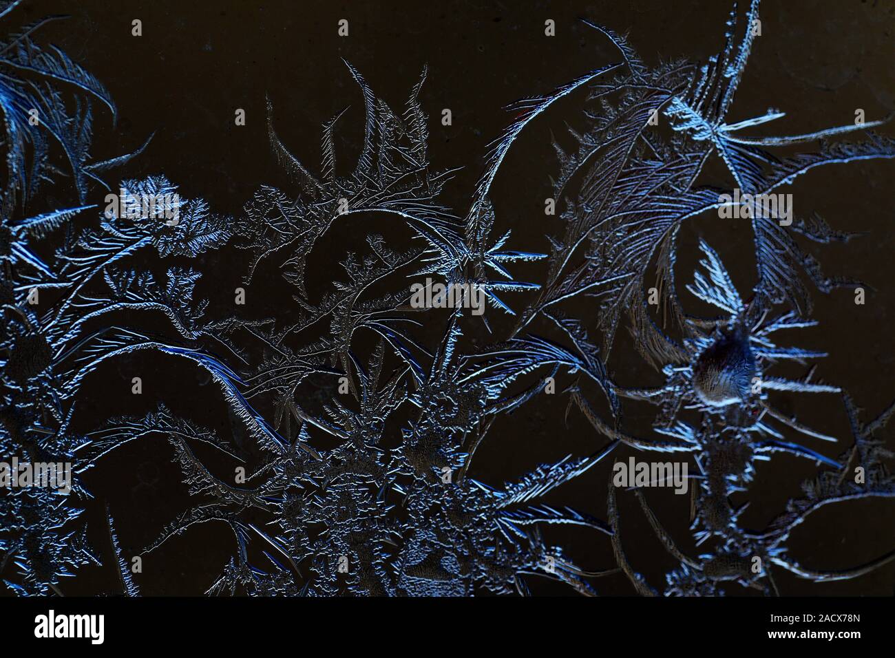 Frost patterns are seen on the window of a warm house in the winter in ...