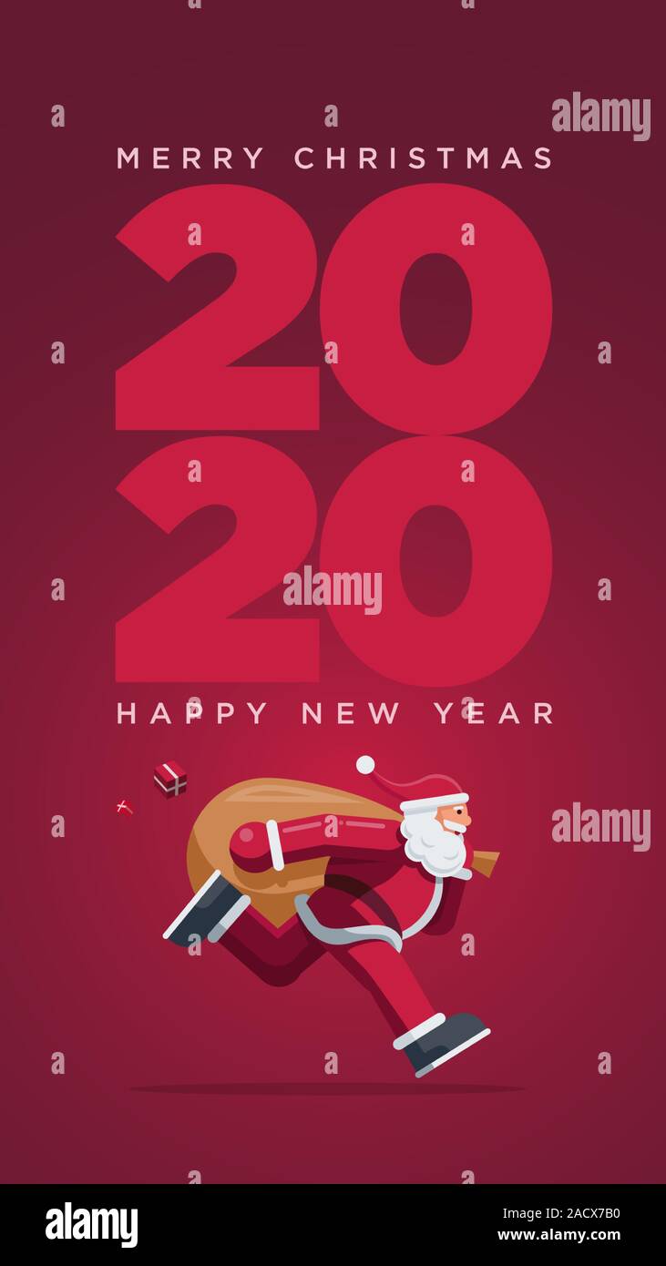 Santa Claus running year 2020. Vector greeting design for Christmas and ...