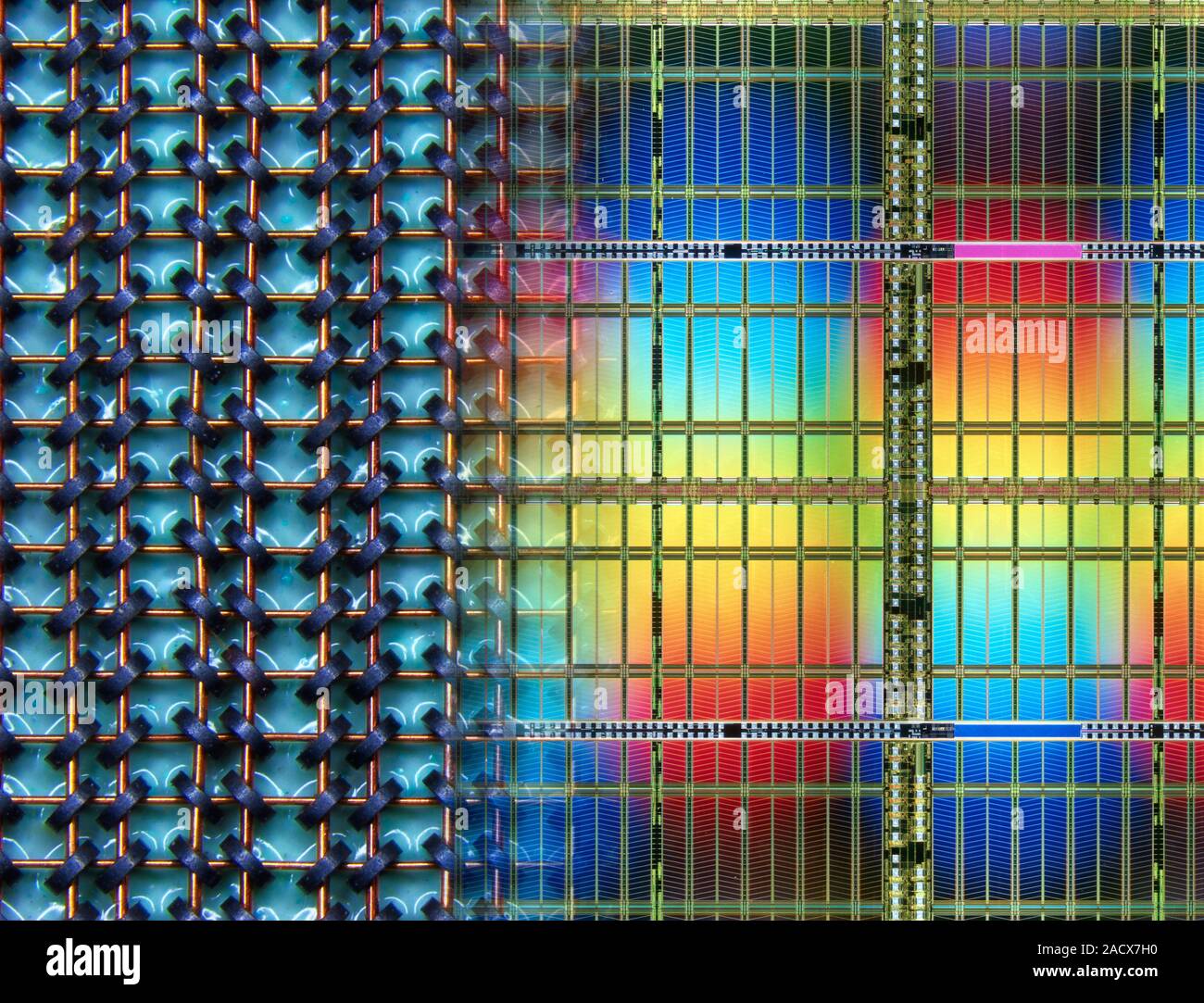Electronic data storage. On the left a magnetic-core memory array. It ...