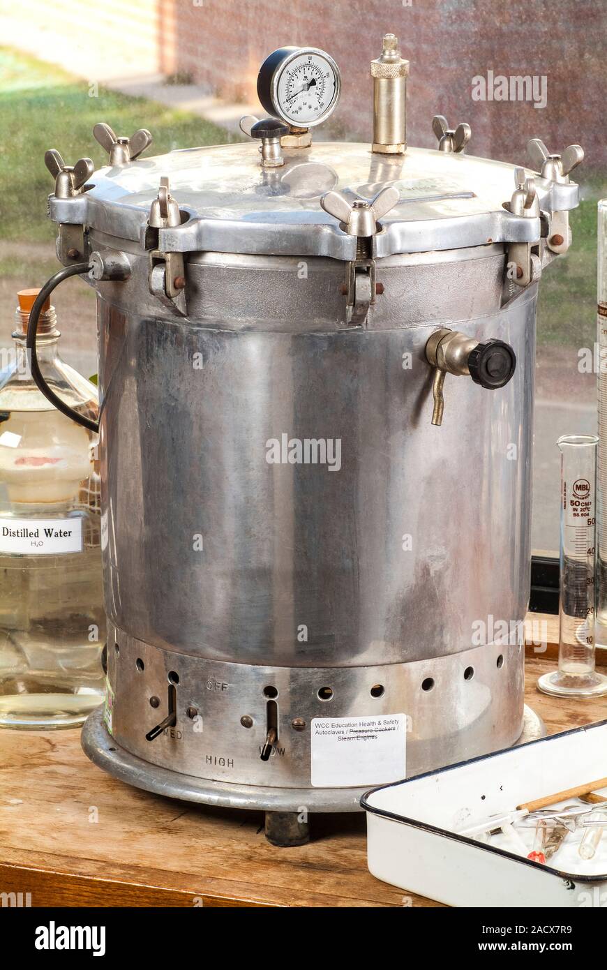 An aluminium electric autoclave used to sterilise equipment in a school ...