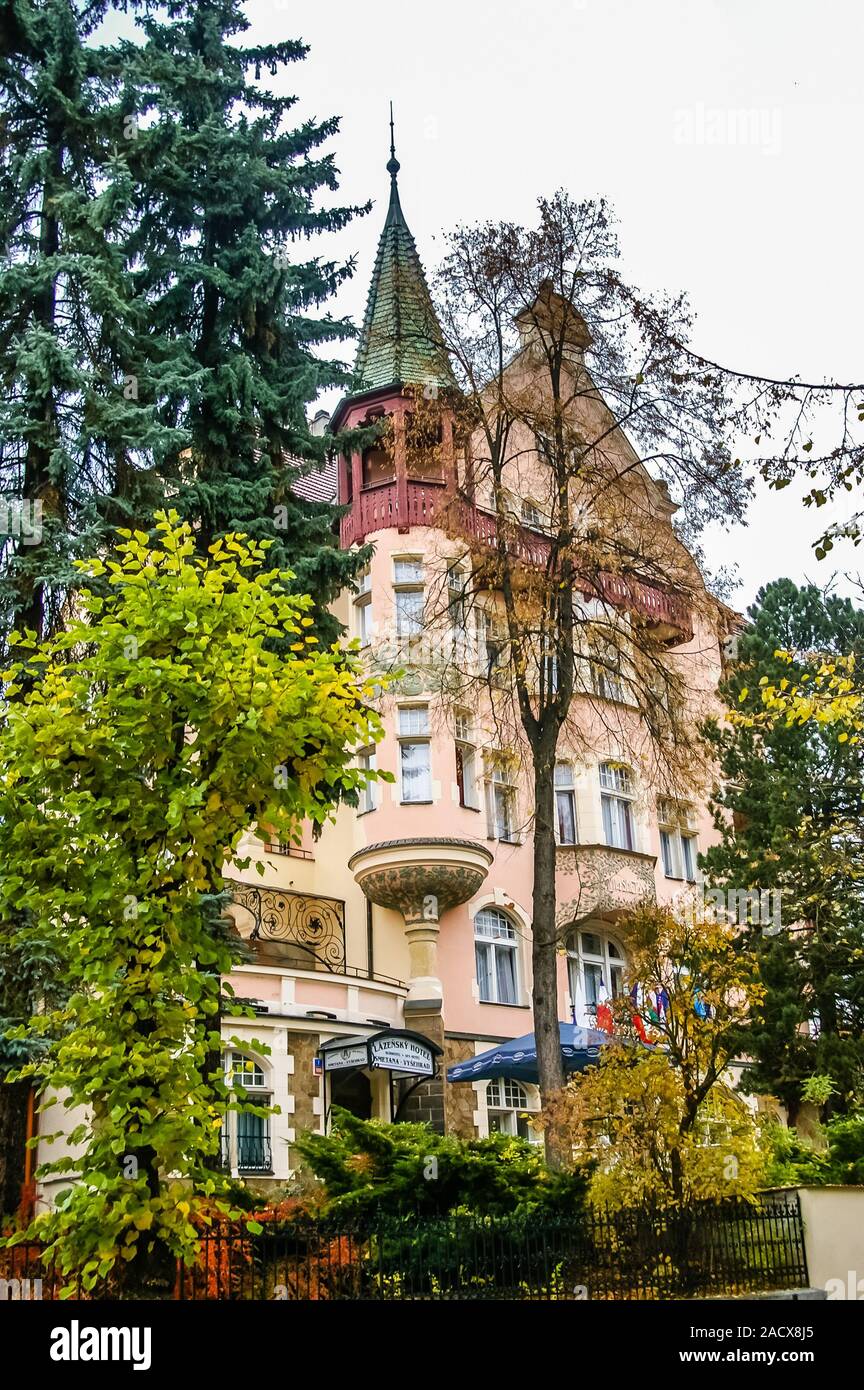 CARLOVY VARY, CZECH REPUBLIC - OCTOBER 08: View on Lazensky hotel on ...