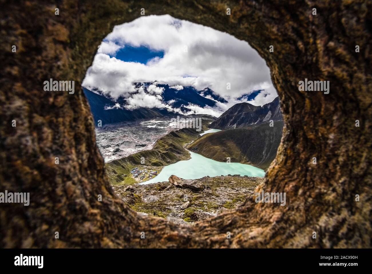 Aerial view over Gokyo Lake, Ngozumpa glacier and the village through a ...
