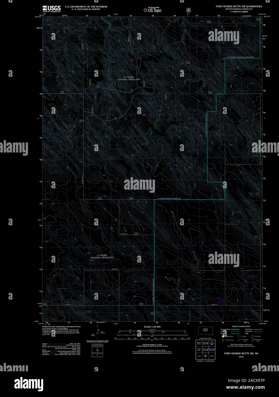 USGS TOPO Map South Dakota SD Fort George Butte SW 20120628 TM Inverted ...